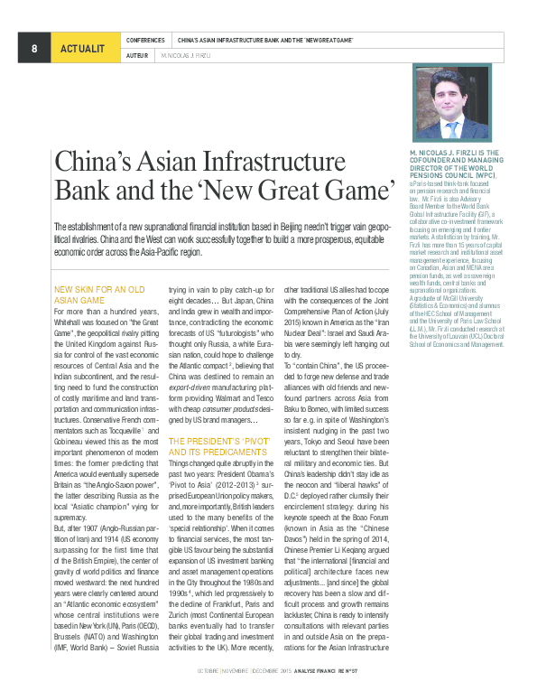 First page of “China’s AIIB, America’s Pivot to Asia & the Geopolitics of Infrastructure Investments”