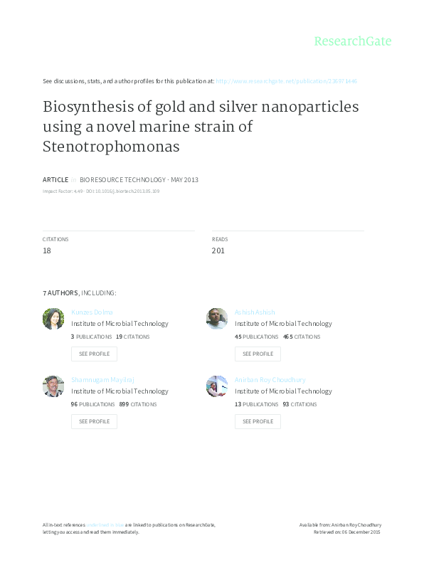 (PDF) Biosynthesis of gold and silver nanoparticles using a novel marine strain of Stenotrophomonas