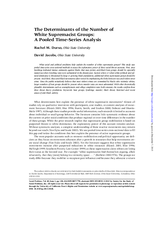 (PDF) The Determinants of the Number of White Supremacist Groups: A Pooled Time-Series Analysis