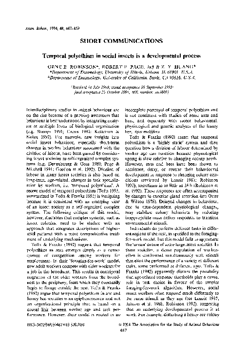 (PDF) Temporal polyethism in social insects is a developmental process