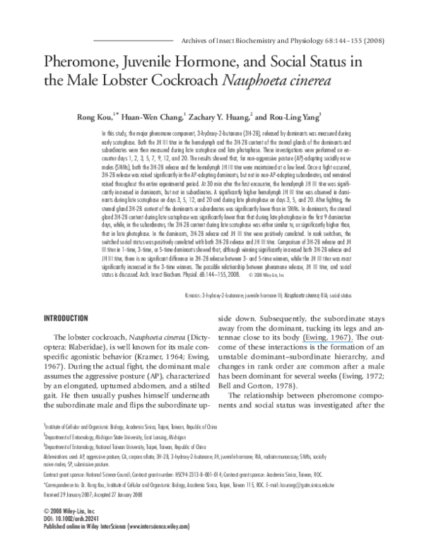 (PDF) Pheromone, juvenile hormone, and social status in the male ...