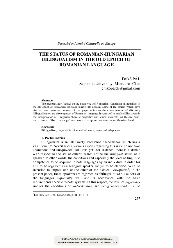 (PDF) The status of Romanian-Hungarian bilingualism in the old epoch of ...