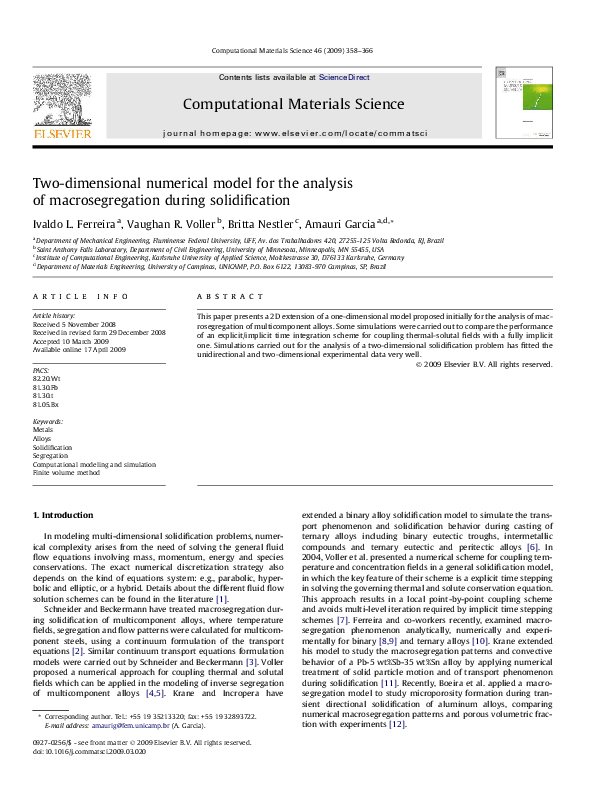 (PDF) Two-dimensional numerical model for the analysis of macrosegregation during solidification