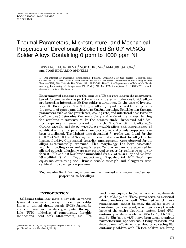 (PDF) Solidification and Properties of Sn-Cu-Ni Solder Alloys