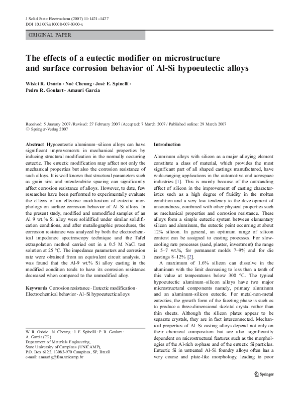 (PDF) The effects of a eutectic modifier on microstructure and surface corrosion behavior of Al ...