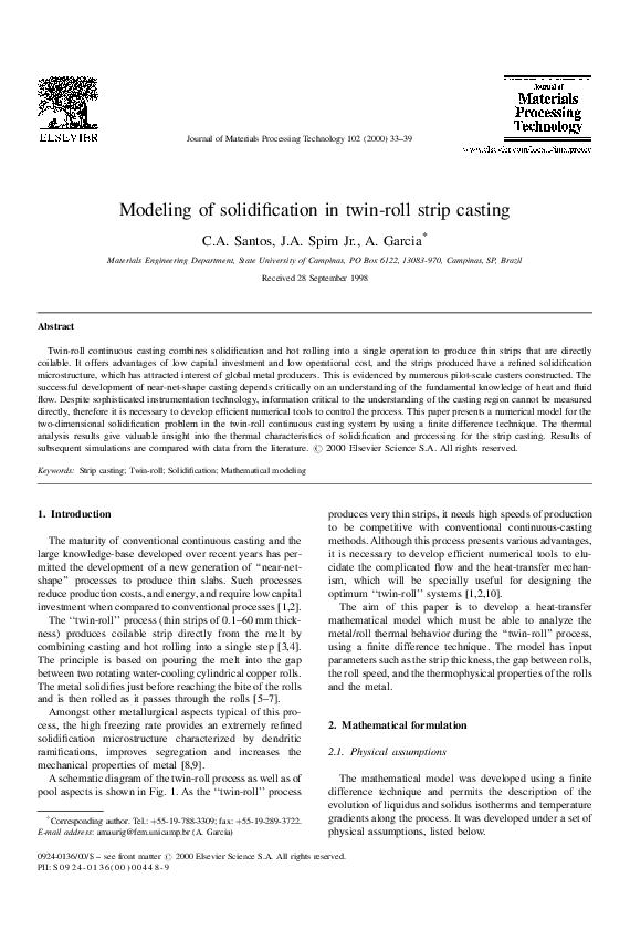 Pdf Modeling Of Solidification In Twin Roll Strip Casting