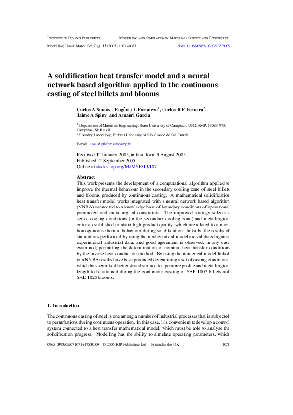(PDF) A solidification heat transfer model and a neural network based algorithm applied to the ...