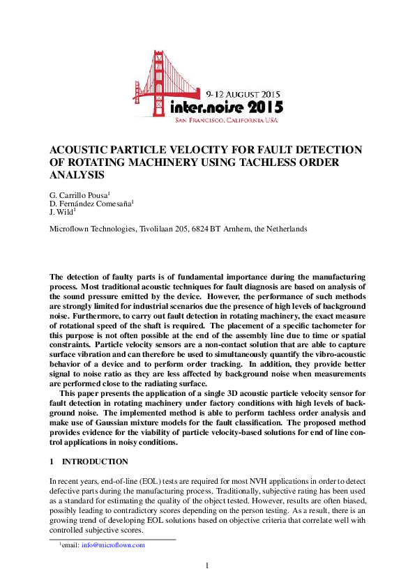 Pdf Acoustic Particle Velocity For Fault Detection Of Rotating Machinery Using Tachless Order