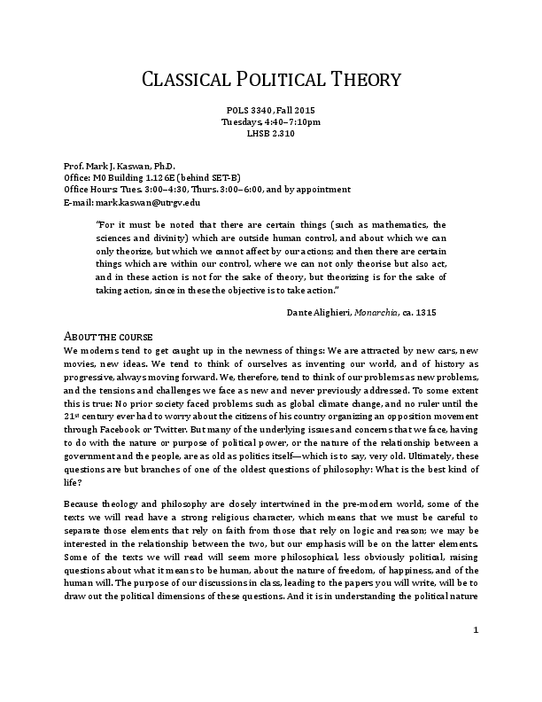 (PDF) Syllabus: Classical Political Theory (POLS 3340 at UTRGV)