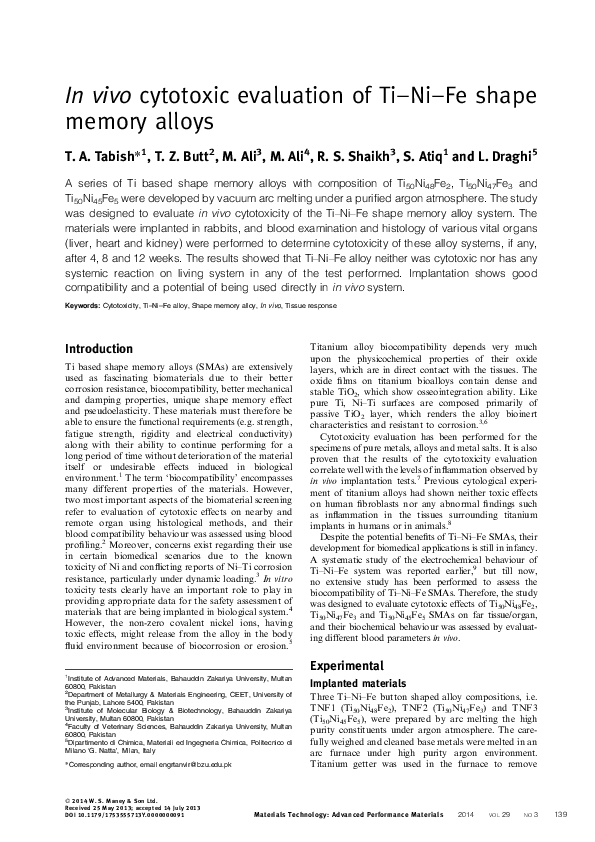 (PDF) In vivo cytotoxic evaluation of Ti–Ni–Fe shape memory alloys