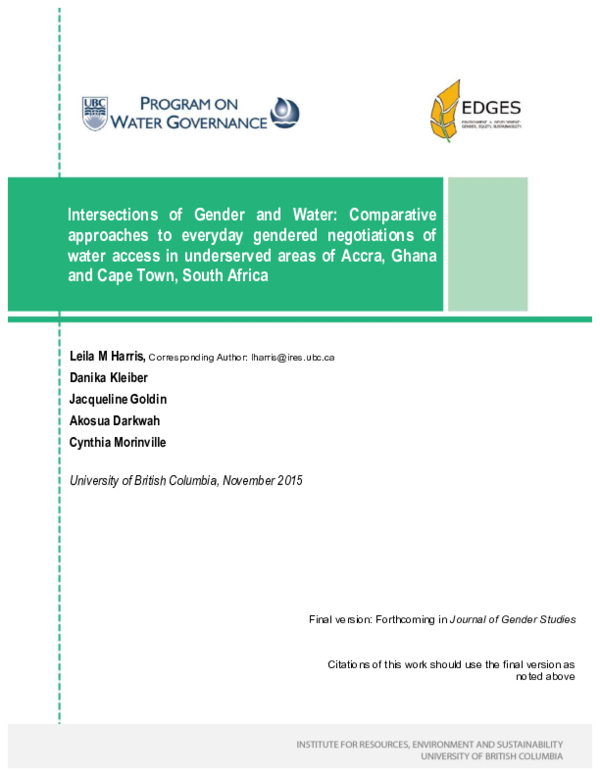 Intersections of Gender and Water: Comparative approaches to everyday ...