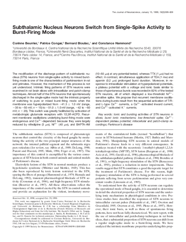 (PDF) Subthalamic nucleus neurons switch from single-spike activity to ...