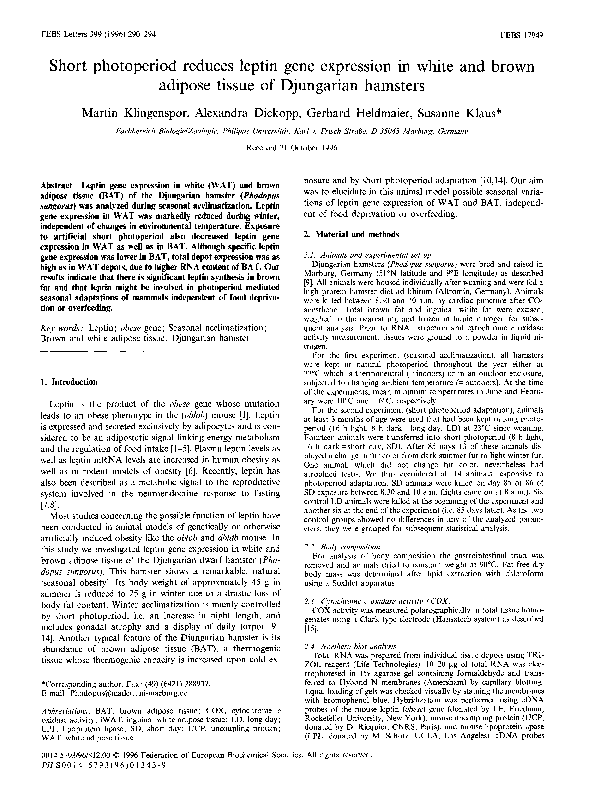 (PDF) Short photoperiod reduces leptin gene expression in white and ...