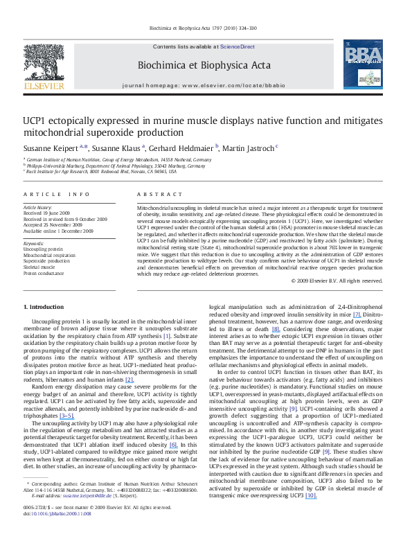 (PDF) UCP1 ectopically expressed in murine muscle displays native ...