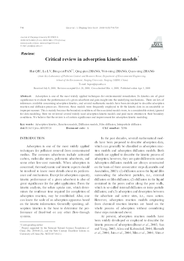 (PDF) Critical review in adsorption kinetic models (PDF) Critical review in adsorption kinetic models