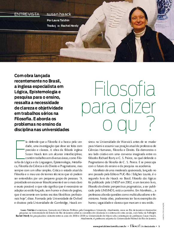 (PDF) Filosofia para dizer o que? Susan Haack is interviewed by Laura ...