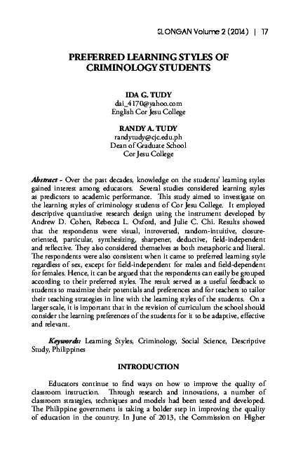 (PDF) Preferred Learning Styles of Criminology Students