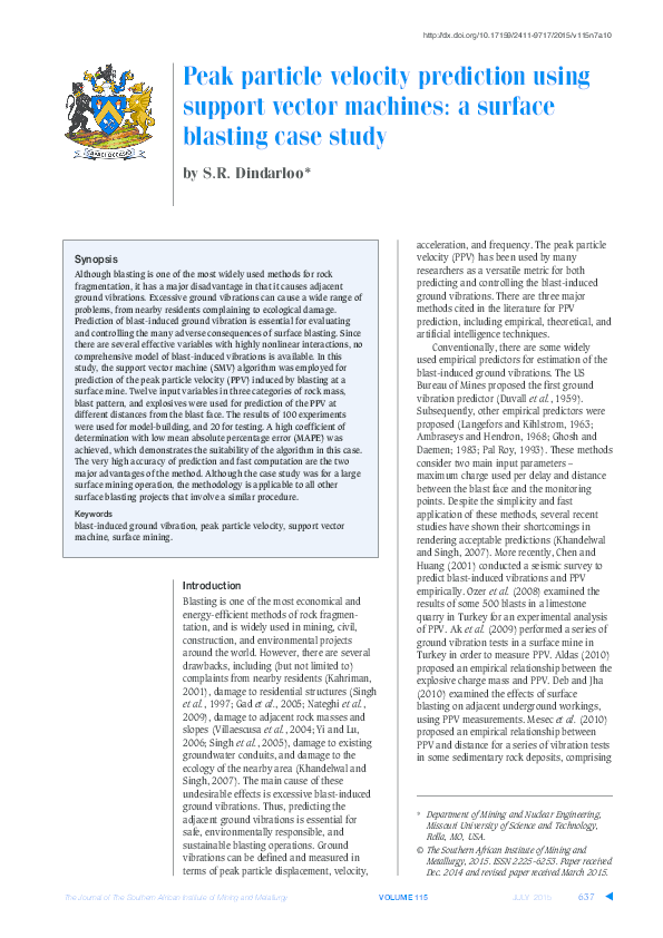 Pdf Peak Particle Velocity Prediction Using Support Vector Machines