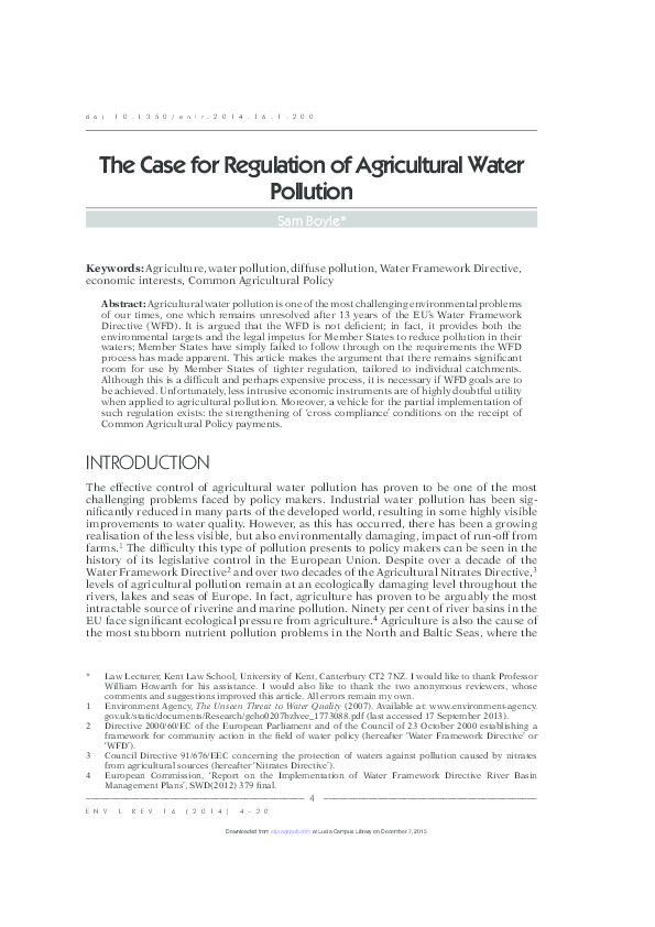 (PDF) The Case for Regulation of Agricultural Water Pollution