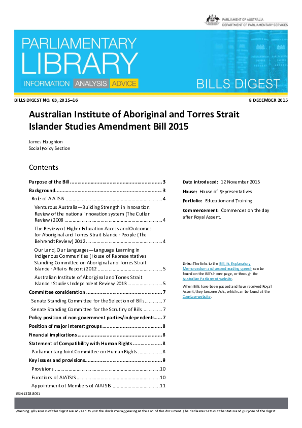 (PDF) Bills Digest 63, 2015-16: Australian Institute of Aboriginal and ...