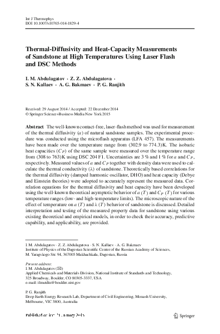 (PDF) Thermal-Diffusivity and Heat-Capacity Measurements of Sandstone at High Temperatures Using ...