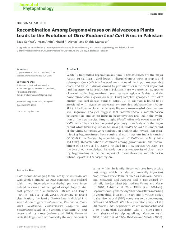 (PDF) Recombination Among Begomoviruses on Malvaceous Plants Leads to ...