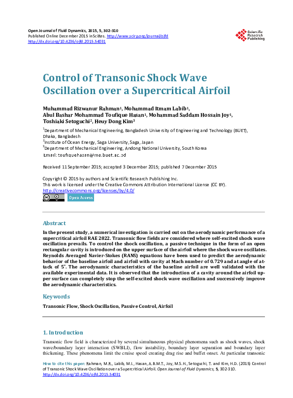 (PDF) Control of Transonic Shock Wave Oscillation over a Supercritical ...