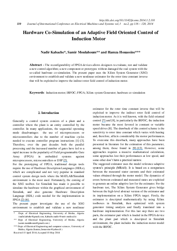 (PDF) Hardware Co-Simulation of an Adaptive Field Oriented Control of ...