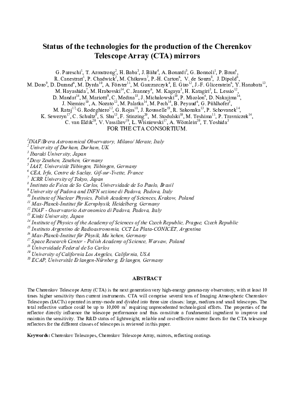 Pdf Status Of The Technologies For The Production Of The Cherenkov Telescope Array Cta Mirrors