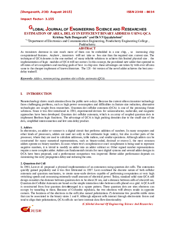 ESTIMATION OF AREA, DELAY IN EFFICIENT BINARY ADDRESS USING QCA
