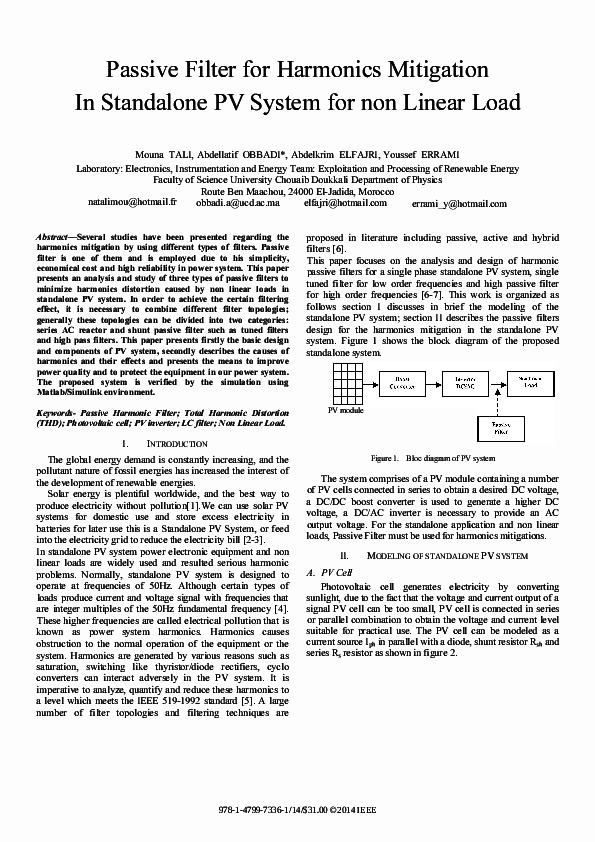 (PDF) Passive filter for harmonics mitigation in standalone PV system for non linear load