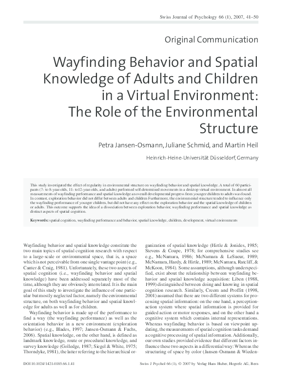 (PDF) Wayfinding Behavior and Spatial Knowledge of Adults and Children in a Virtual Environment ...