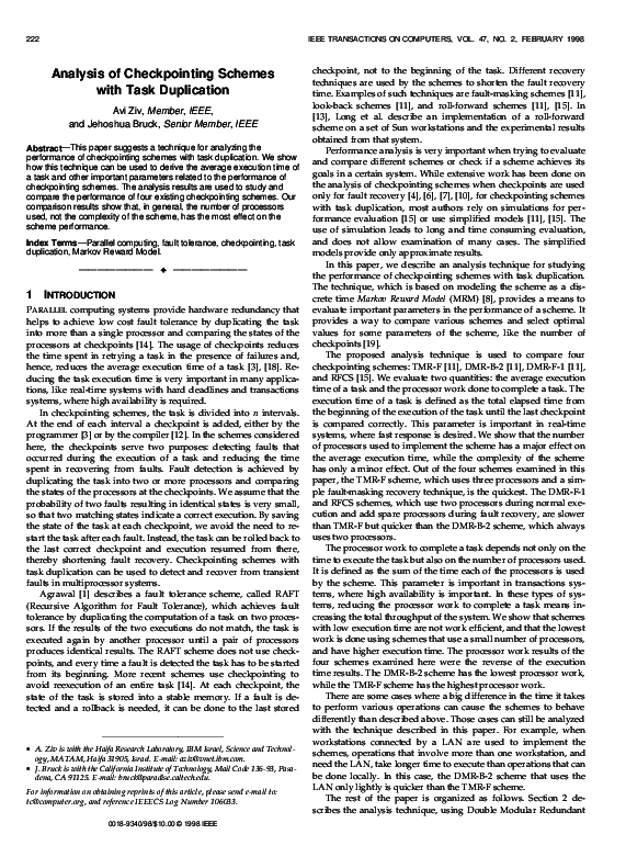 (PDF) Analysis of checkpointing schemes with task duplication