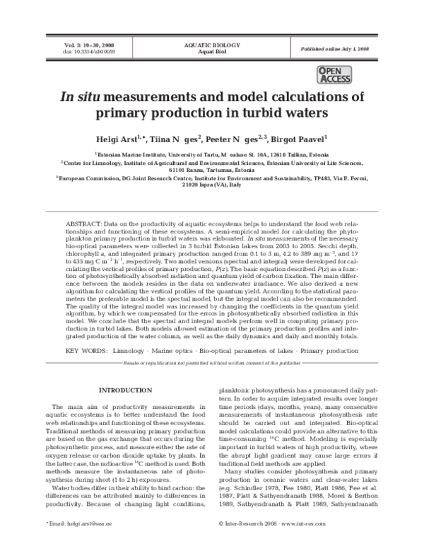 Pdf In Situ Measurements And Model Calculations Of Primary Production