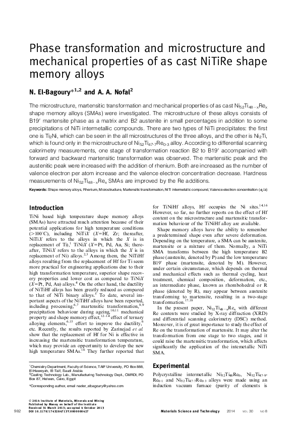(PDF) Phase transformation and microstructure and mechanical properties of as cast NiTiRe shape ...
