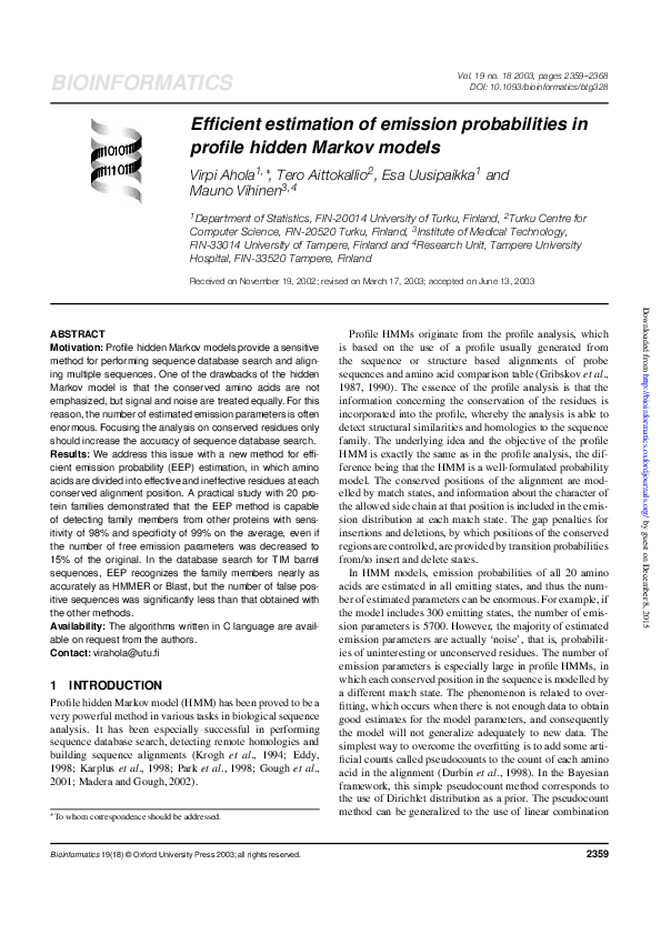 (PDF) Efficient estimation of emission probabilities in profile hidden Markov models