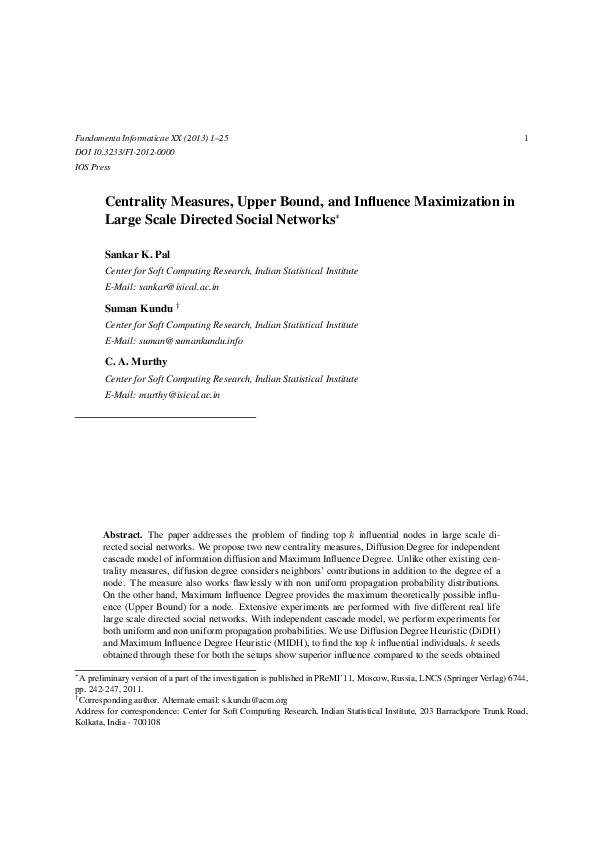 Pdf Centrality Measures Upper Bound And Influence Maximization In Large Scale Directed