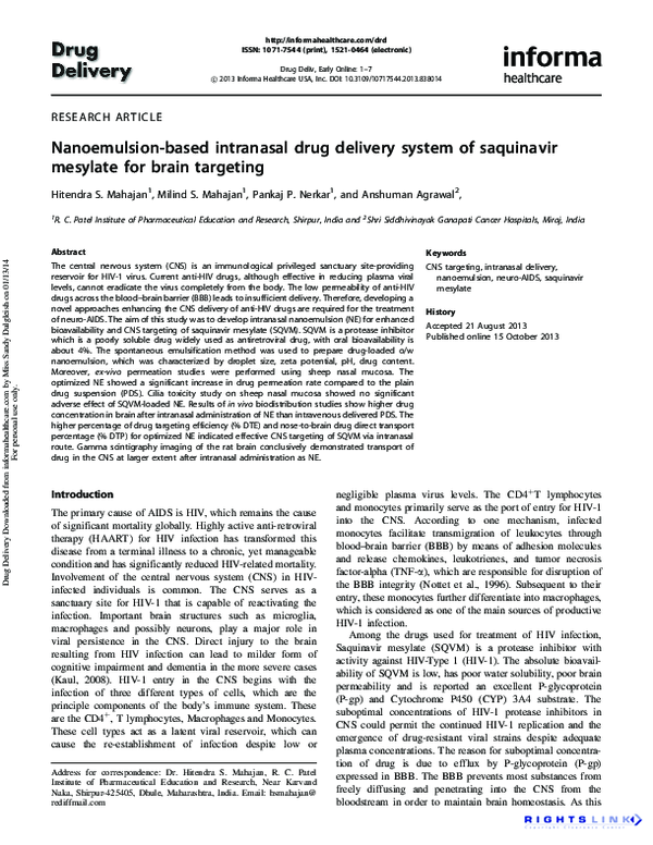 (PDF) Nanoemulsion-based intranasal drug delivery system of saquinavir ...