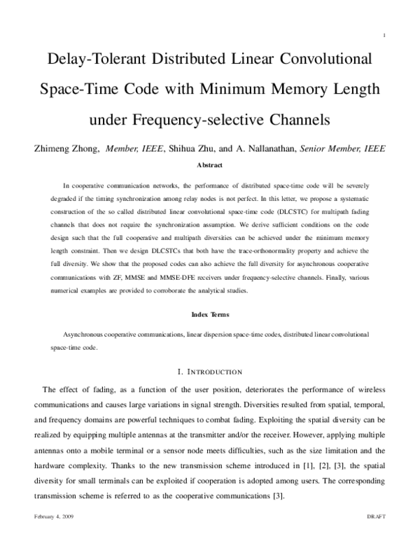 Pdf Delay Tolerant Distributed Linear Convolutional Space Time Code With Minimum Memory Length