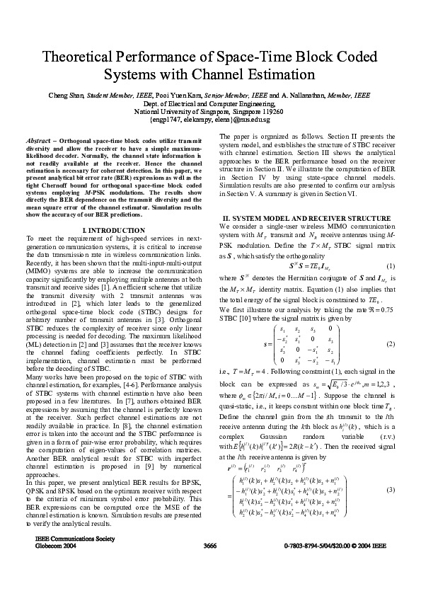(PDF) Theoretical performance of space-time block coded systems with channel estimation