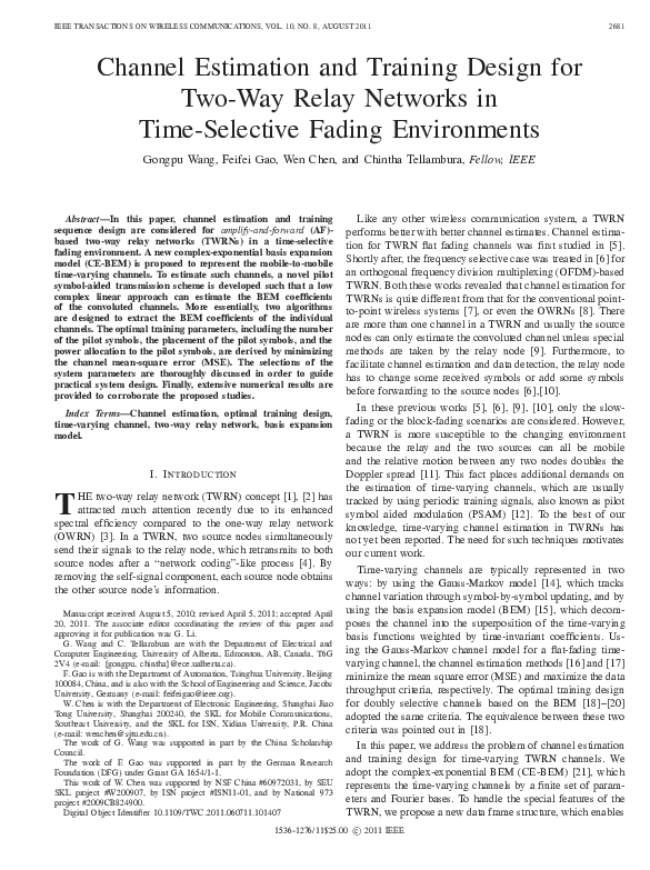 (PDF) Channel Estimation and Training Design for Two-Way Relay Networks in Time-Selective Fading ...