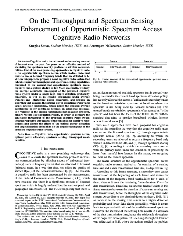 Pdf On The Throughput And Spectrum Sensing Enhancement Of Opportunistic Spectrum Access