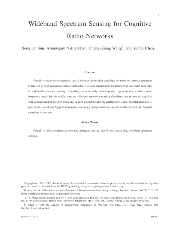 (PDF) Wideband spectrum sensing for cognitive radio networks: a survey