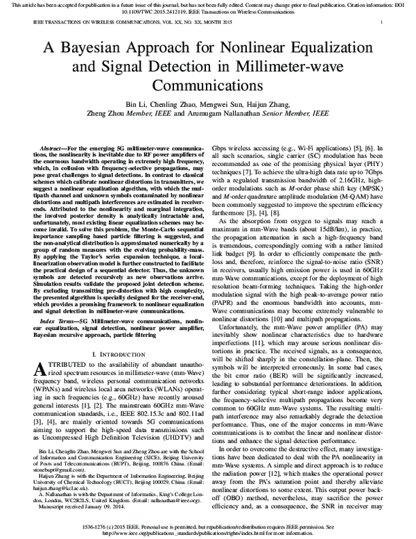 Pdf A Bayesian Approach For Nonlinear Equalization And Signal Detection In Millimeter Wave