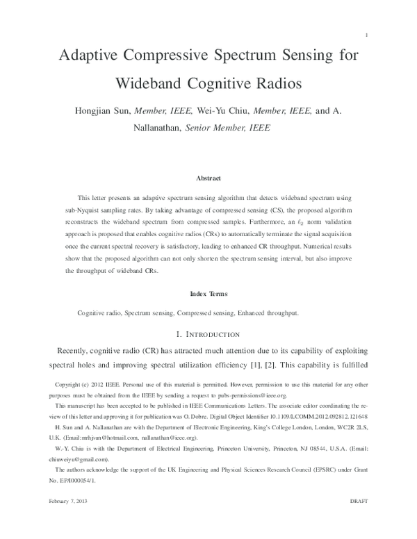 Pdf Adaptive Compressive Spectrum Sensing For Wideband Cognitive Radios