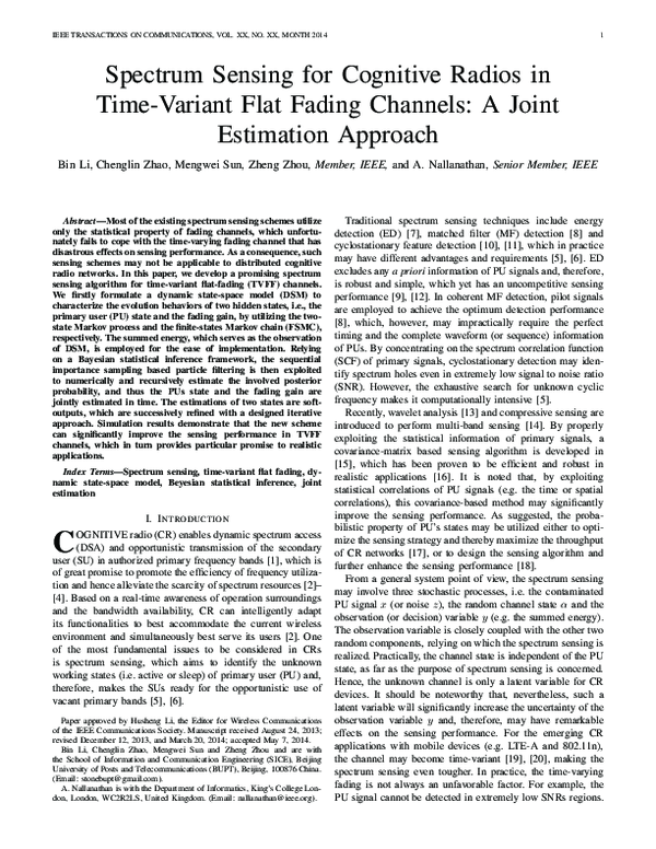 (PDF) Spectrum Sensing for Cognitive Radios in Time-Variant Flat-Fading Channels: A Joint ...