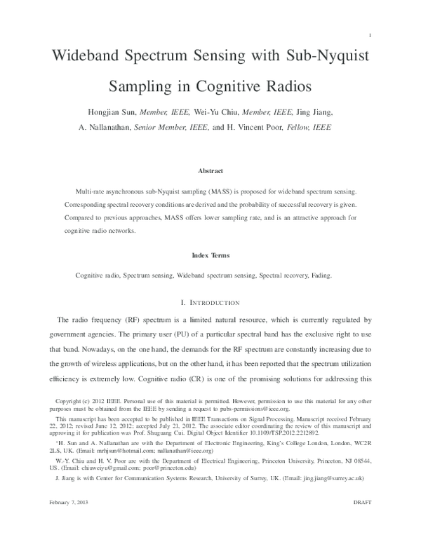 (PDF) Wideband Spectrum Sensing With Sub-Nyquist Sampling in Cognitive Radios