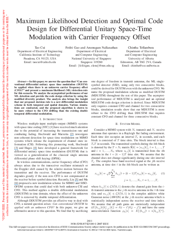 Pdf Maximum Likelihood Detection And Optimal Code Design For Differential Unitary Space Time
