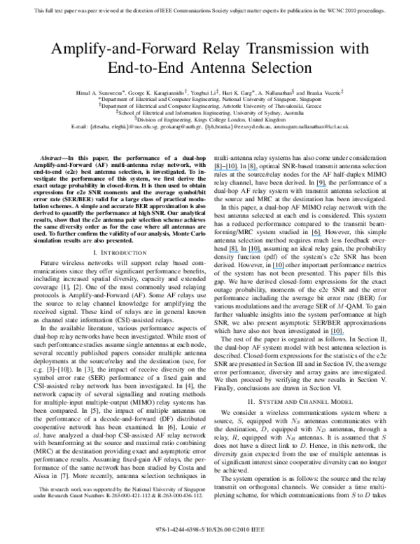 (PDF) Amplify-and-Forward Relay Transmission with End-to-End Antenna Selection