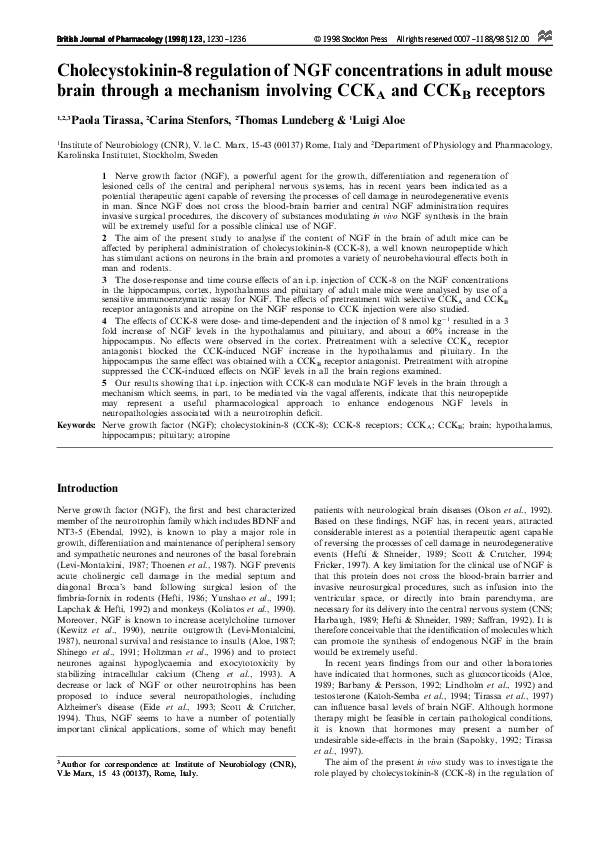 (PDF) Cholecystokinin-8 regulation of NGF concentrations in adult mouse brain through a ...